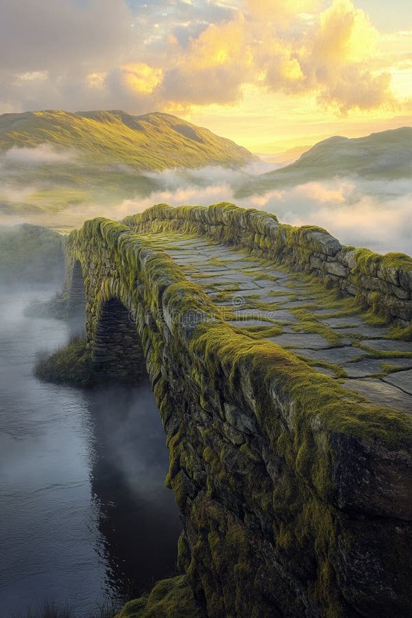 Old Stone Bridge, Draped in Moss, Spans Over a Gentle River. Warm ...