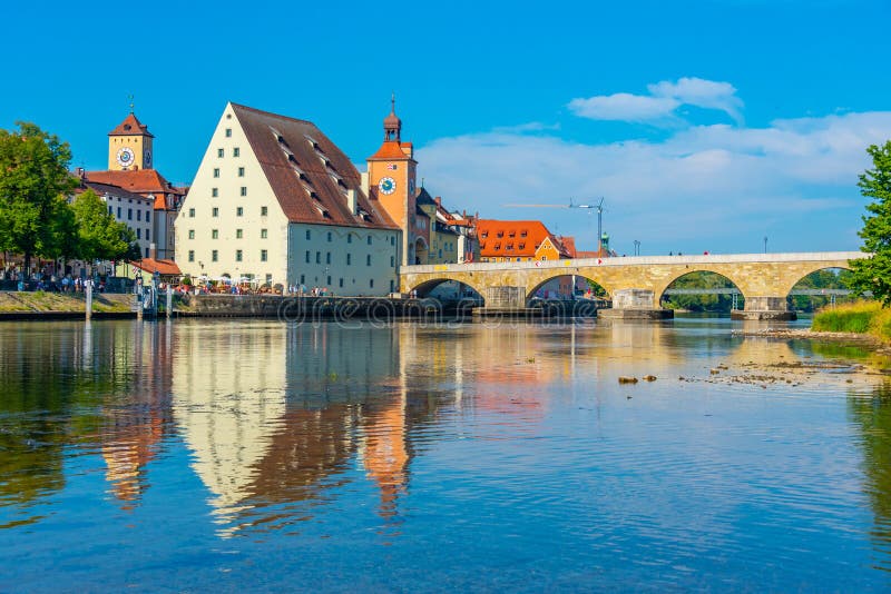 Old Stone Bridge Over River Danube in Regensburg, Germany Stock Image ...