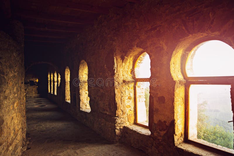 Old Stone Building with Windows. Indoor, Ancient Stock Image - Image of ...