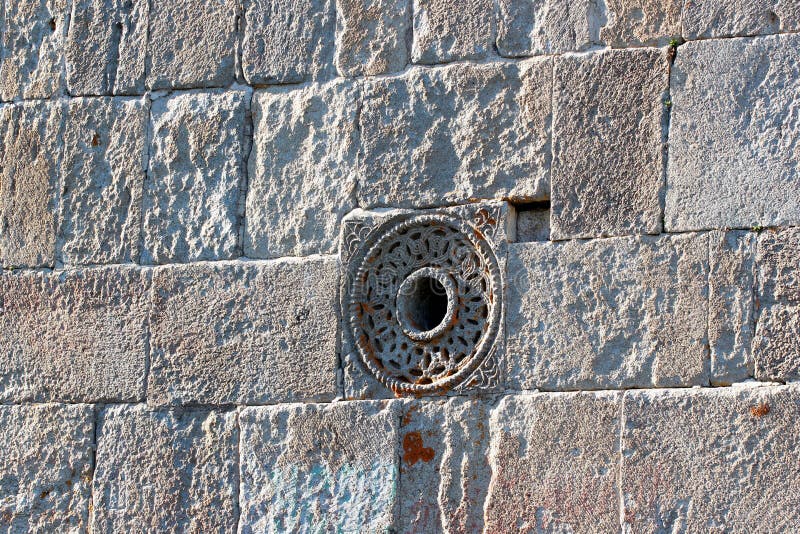 Old Stone Church Wall, Round Window and Limestone Slabs Covered Stock ...