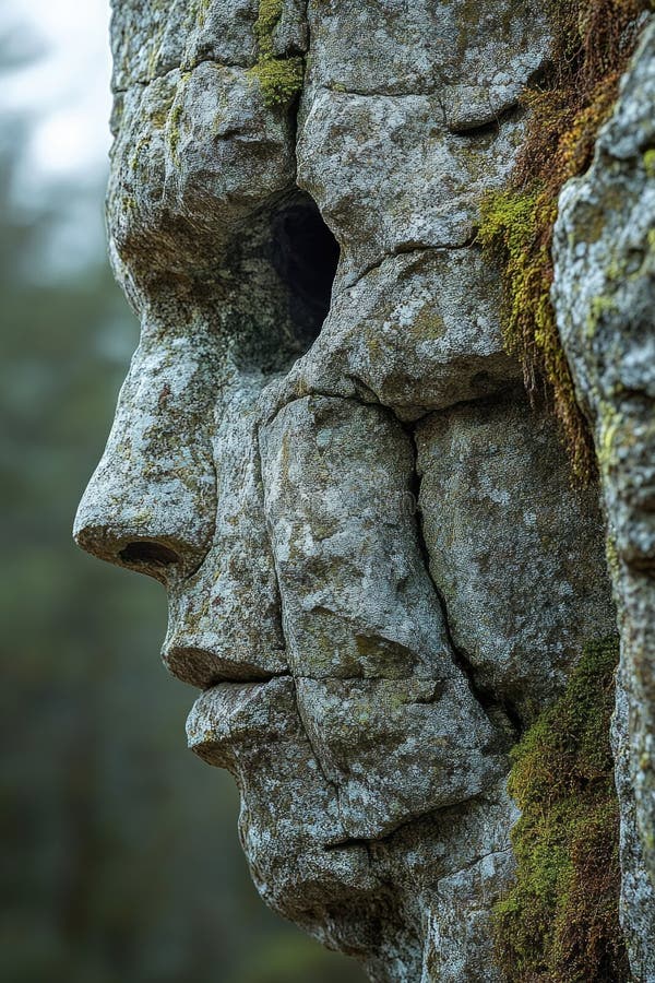 Old Stone Face Covered with Moss and Greenery Stock Image - Image of ...