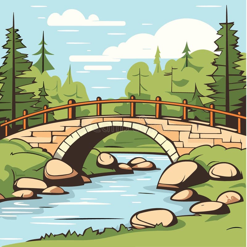 Old Stone Footbridge Over River Vector in Cartoon Style Stock Vector ...