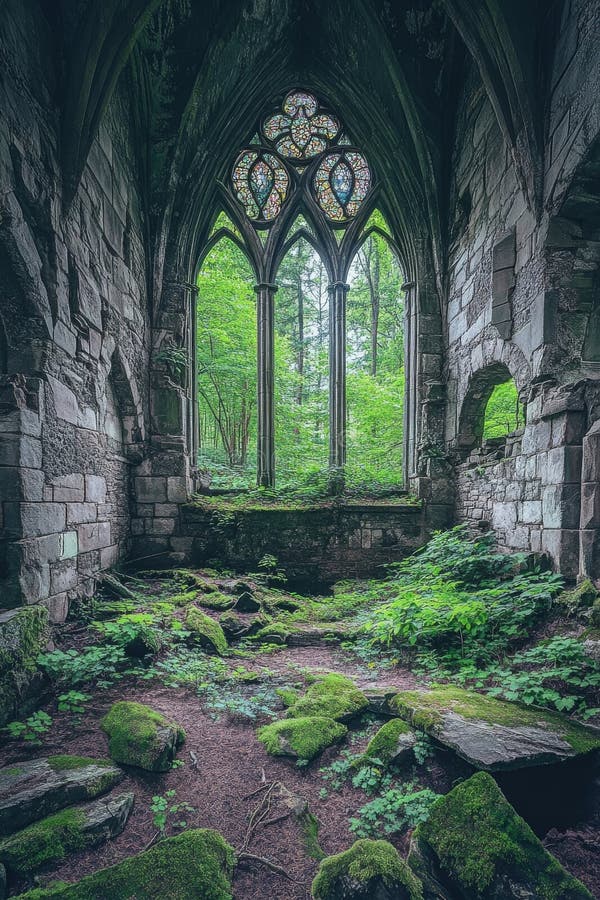 Old Stone Gateway with a Stained Glass Window and Steps Stock Photo ...