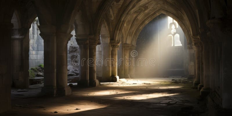 An Old Stone Gothic Walkway Lined with Arches Stock Illustration ...