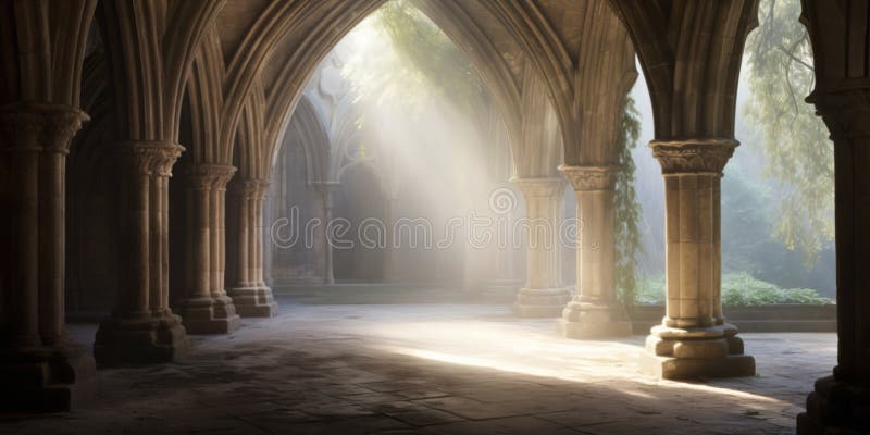 An Old Stone Gothic Walkway Lined with Arches Stock Illustration ...