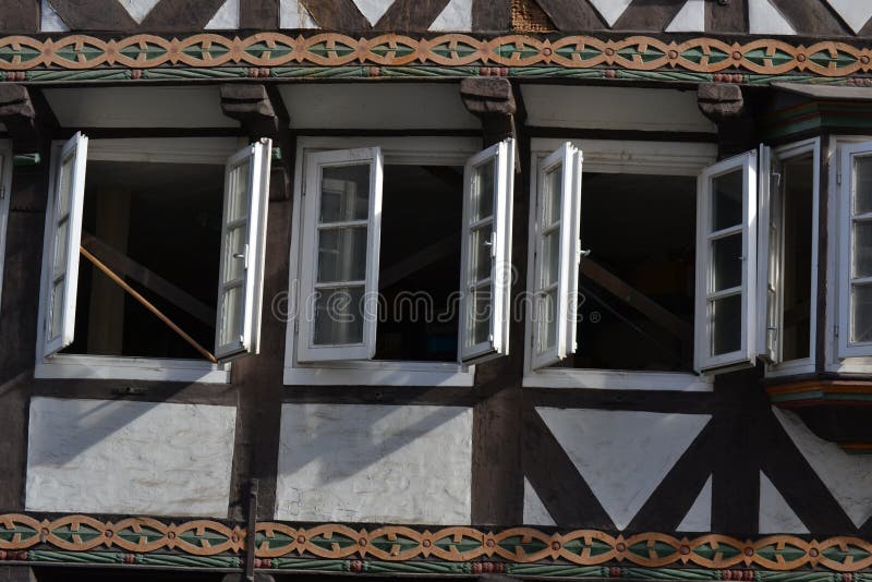 An Old Stone House Decorated in Patterns with Open Windows Stock Photo ...