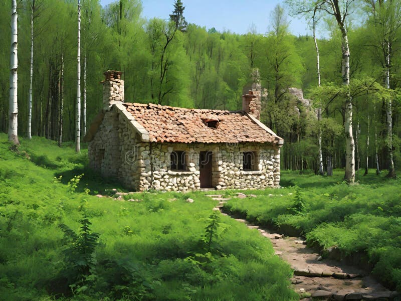 Old Stone Hut in the Forest Stock Illustration - Illustration of ...