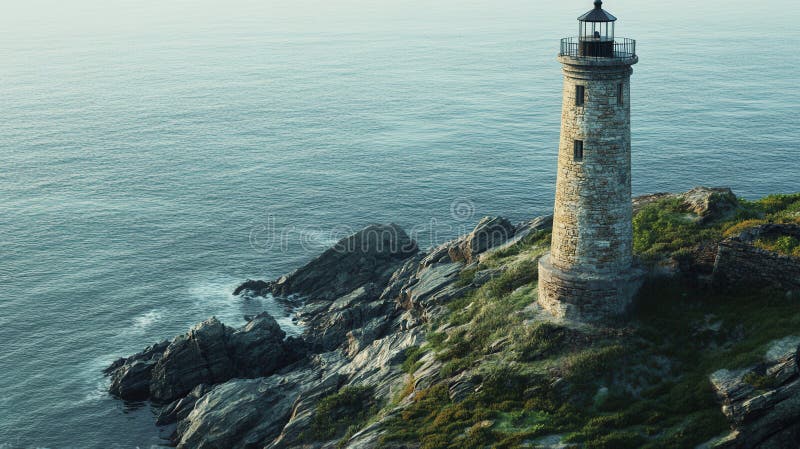 Old Stone Lighthouse Standing Tall on a Rocky Cliff Overlooking the Sea ...