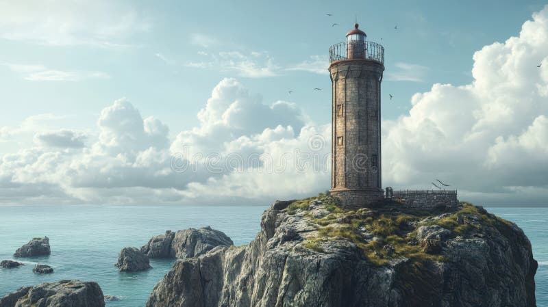 Old Stone Lighthouse Standing Tall on a Rocky Cliff Overlooking the Sea ...