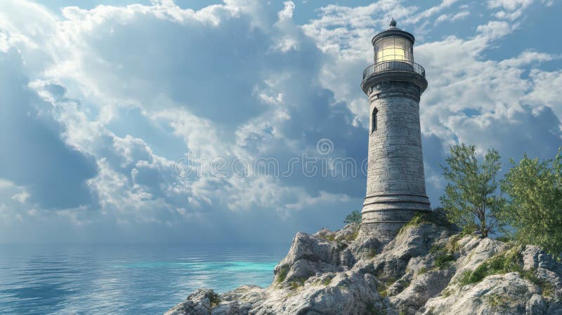 Old Stone Lighthouse Standing Tall on a Rocky Cliff Overlooking the Sea ...