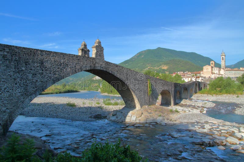 Old Stone Medieval Bridge and River in Bobbio Village in Italy Stock ...