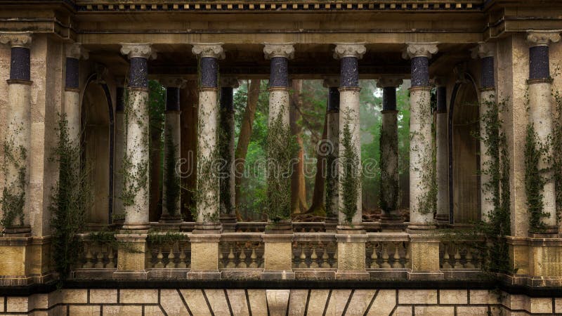 Old Stone Medieval Castle Balcony or Bridge with Columns and Arches. 3D ...