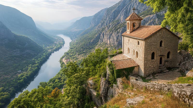 Old Stone Monastery Perched on a Hillside Overlooking a River and ...