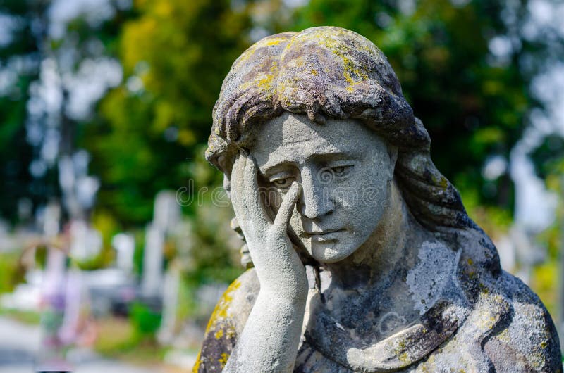 Old Stone Statue in the Cemetery. Sad Stone Woman Stock Image - Image ...