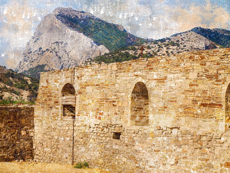 An Old Stone Structure in Front of the High Mountains. an Antique ...