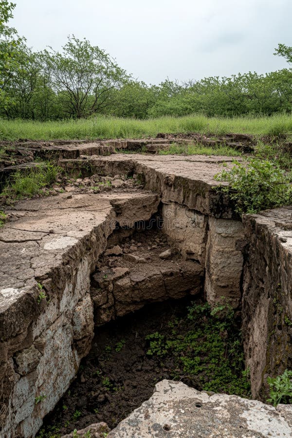 Old Stone Structure with Grass and Trees, Showing Erosion. Stock ...