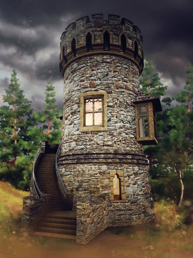 Old Stone Tower with Stairs in the Woods Stock Illustration ...