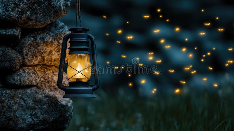 An Old Stone Wall Features an Ornate Lantern that Gently Illuminates ...