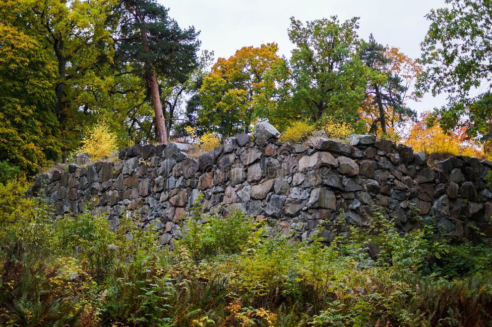 A Old Stone Wall in the Forest Stock Image - Image of outdoor ...