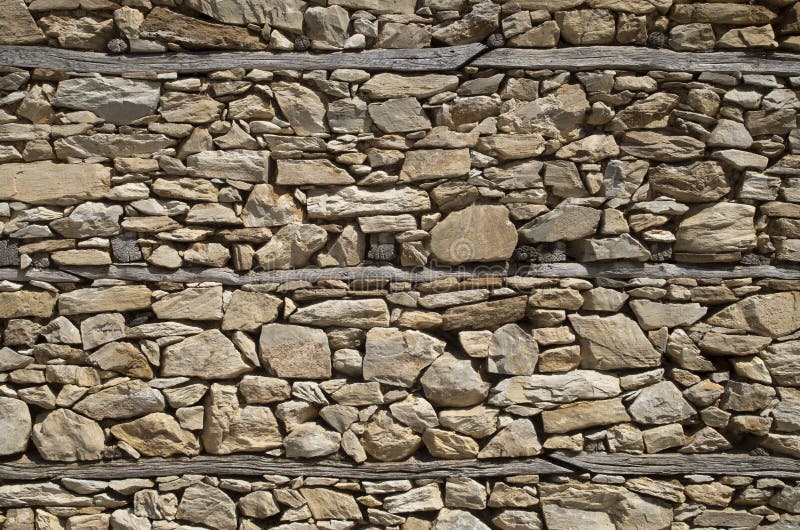 Old Stone Wall with Wooden Beams Close Stock Photo - Image of building ...
