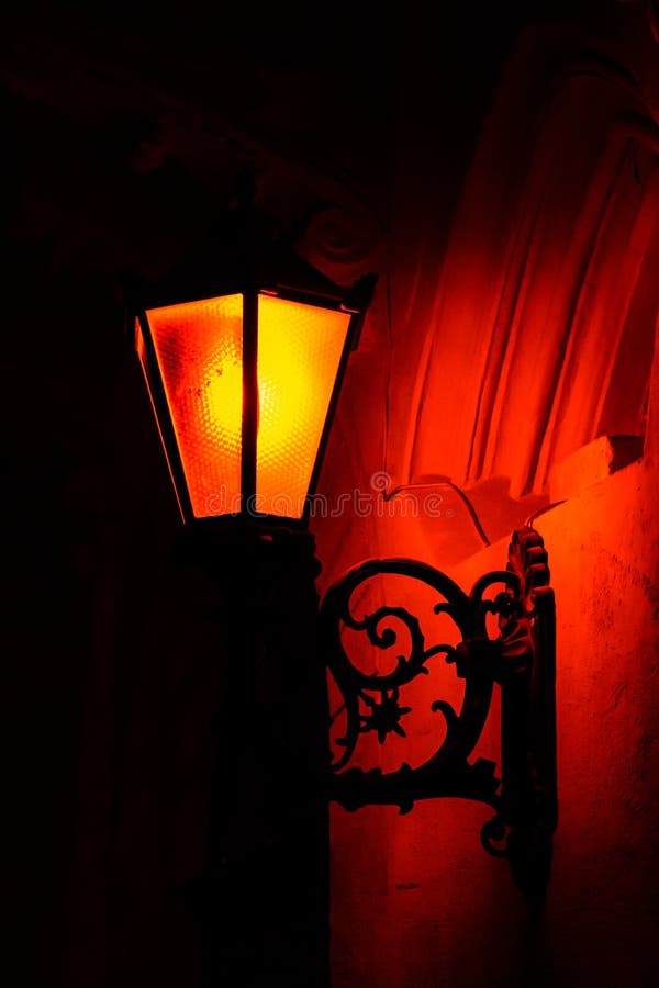 Old Street Lantern on a Wall at Night Stock Photo - Image of light ...
