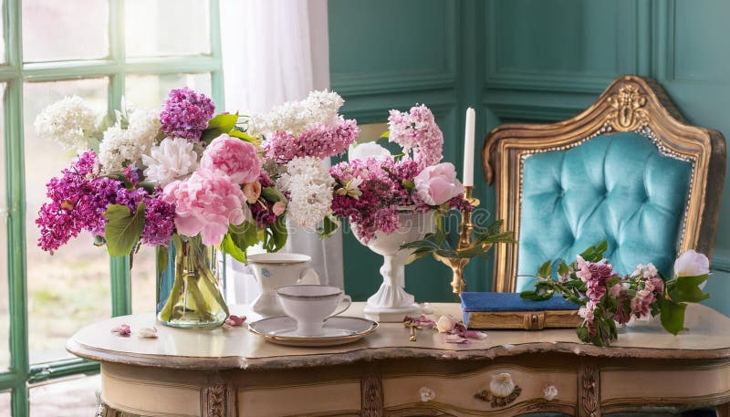 Old Study with Flowers and Table Stock Illustration - Illustration of ...