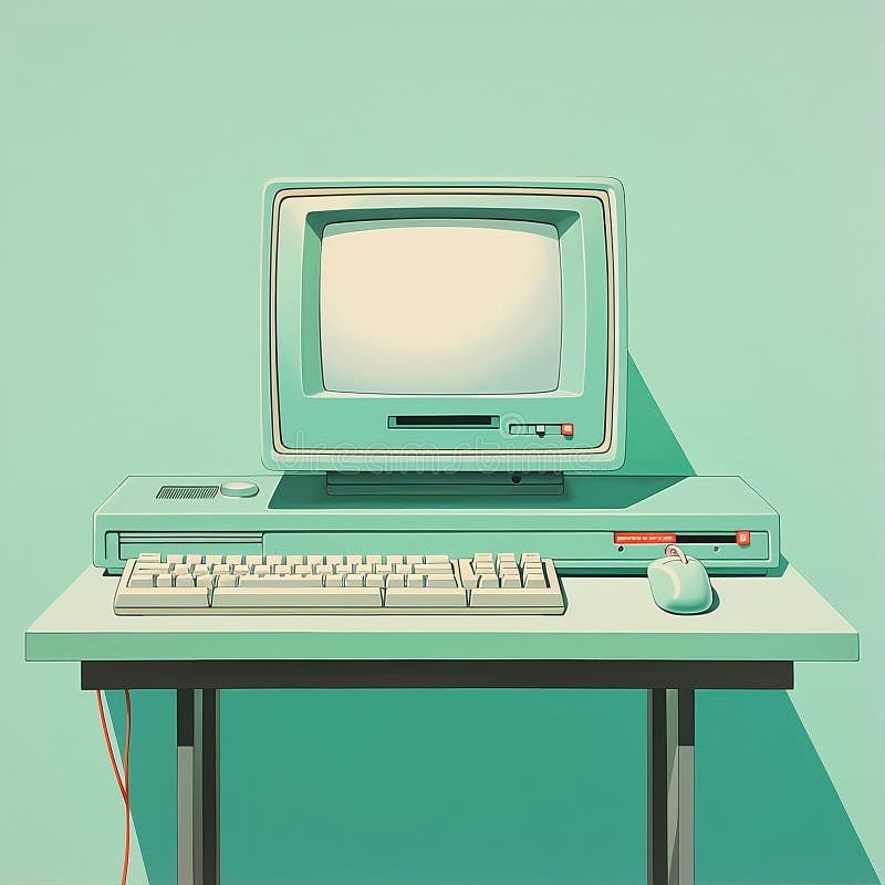 Old Style Computer with Simple Table on Light Mint Green Background ...