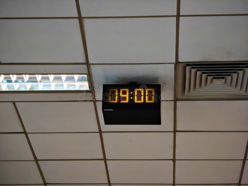 Old Style Electronic Watch on the Ceiling. Vintage Digital Clock Stock ...