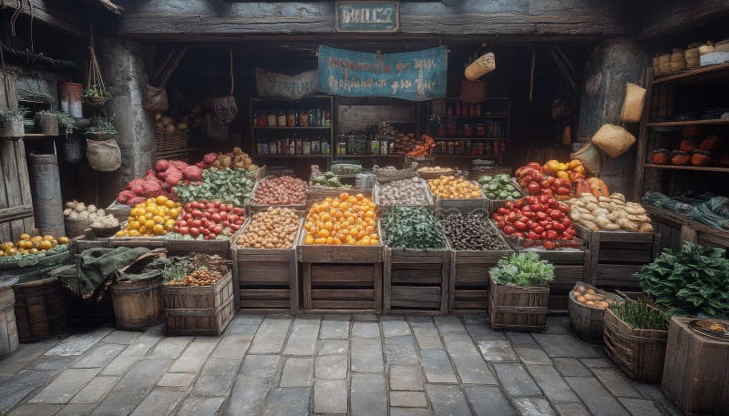 Medieval Market Stall with Fresh Produce Stock Illustration ...