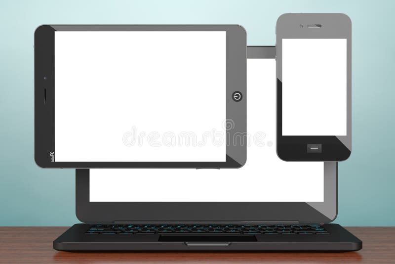 Old Style Photo. Laptop, Mobile Phone and Tablet PC. 3d Rendering Stock ...