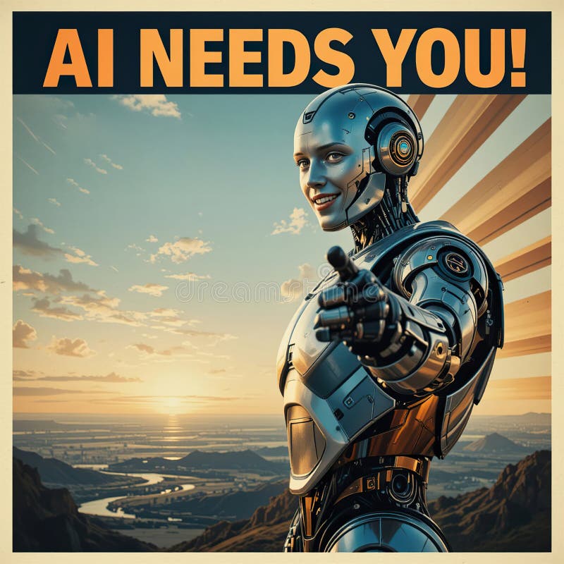 Old Style Propaganda Poster. Friendly Robot Pointing To the Viewer. AI ...