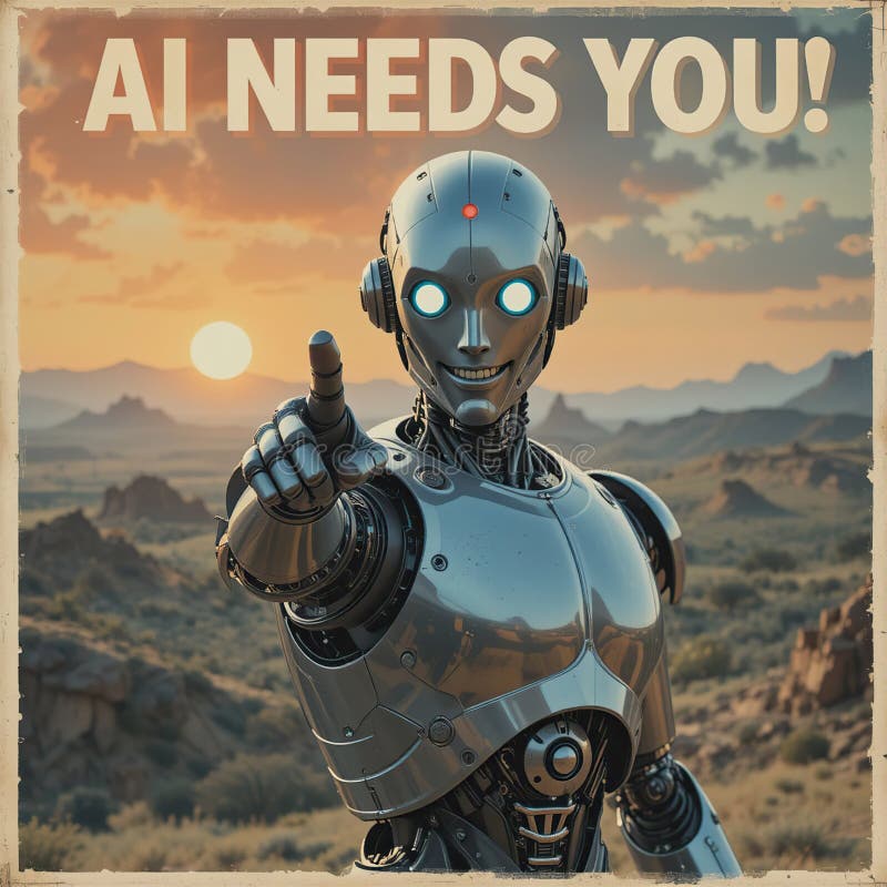 Old Style Propaganda Poster. Friendly Robot Pointing To the Viewer. AI ...