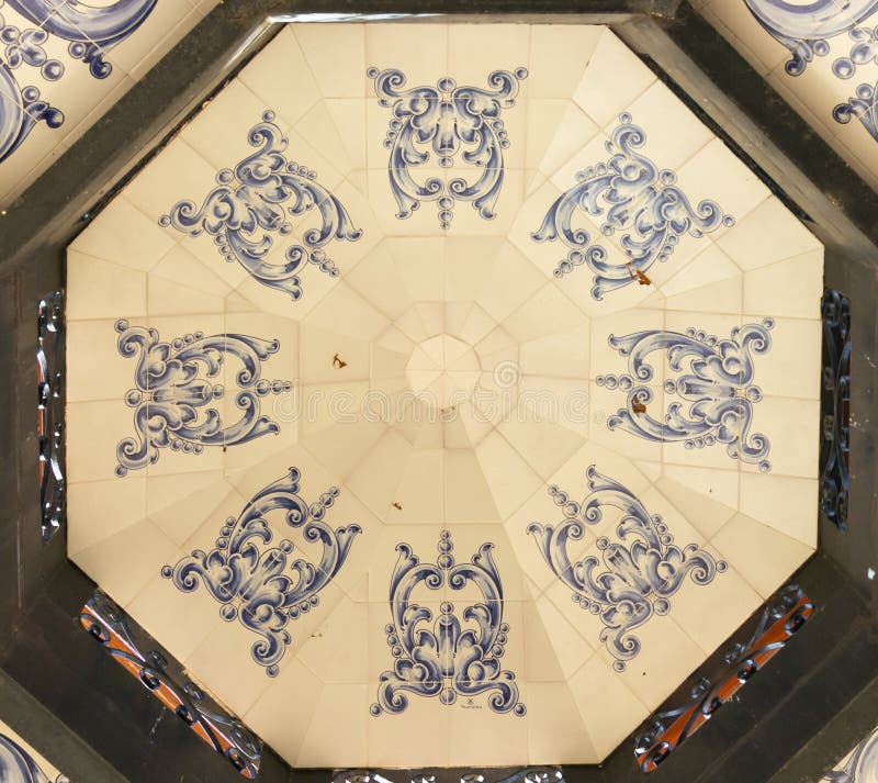 Old-style White Hexagonal Ceiling with Blue Patterns Stock Image ...