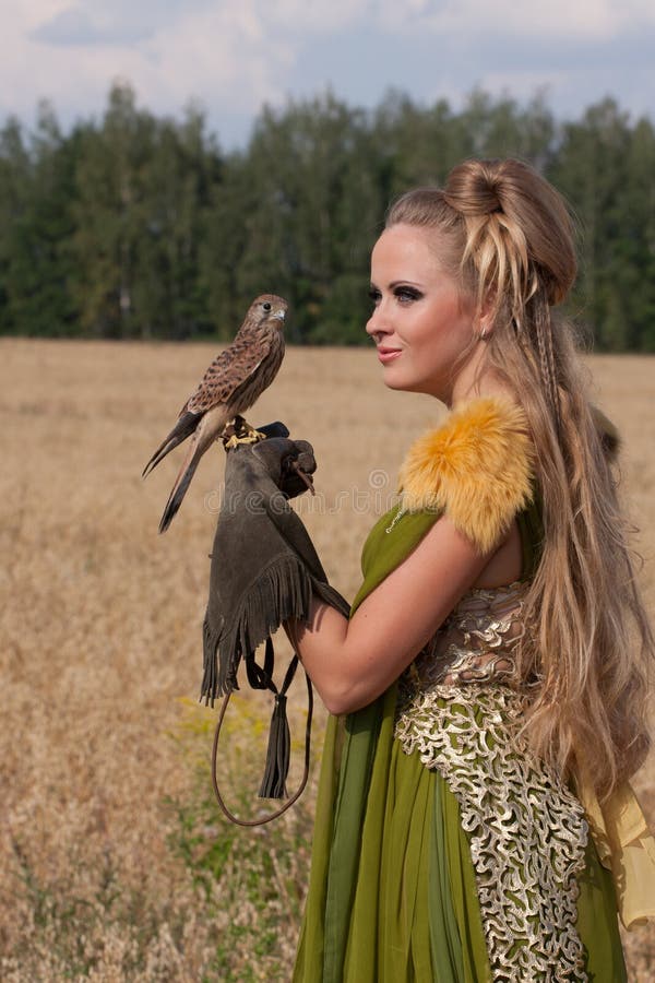 Old Style Woman with Hawk on Hand Stock Image - Image of carnivore ...