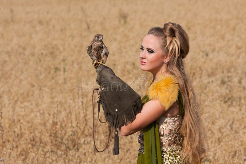 Old Style Woman with Hawk on Hand Stock Photo - Image of hunting ...