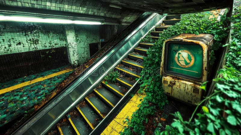 Abandoned Subway Station with Overgrown Plants and a Retro Sign in a ...
