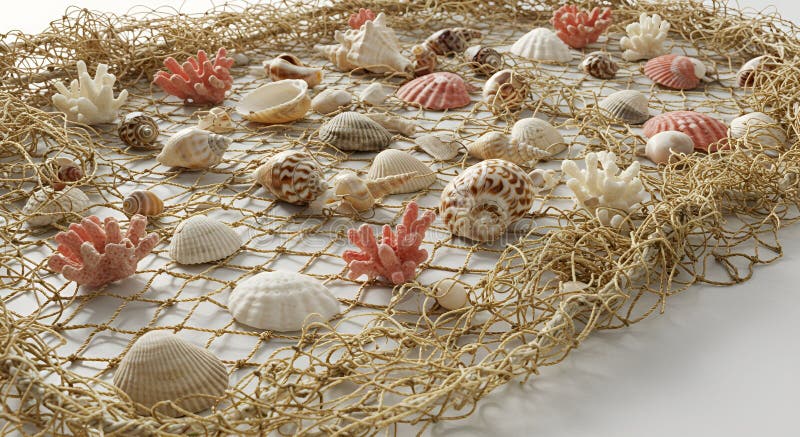 Old Sun-Faded Fishing Net with Shells and Corals Stock Image - Image of ...