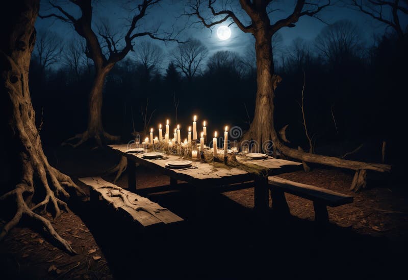 Old Table with Candles and Branches at Spooky Night with Full Moon ...