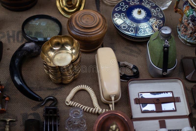 Old Table with Different Antiques Stock Image - Image of outdoor ...