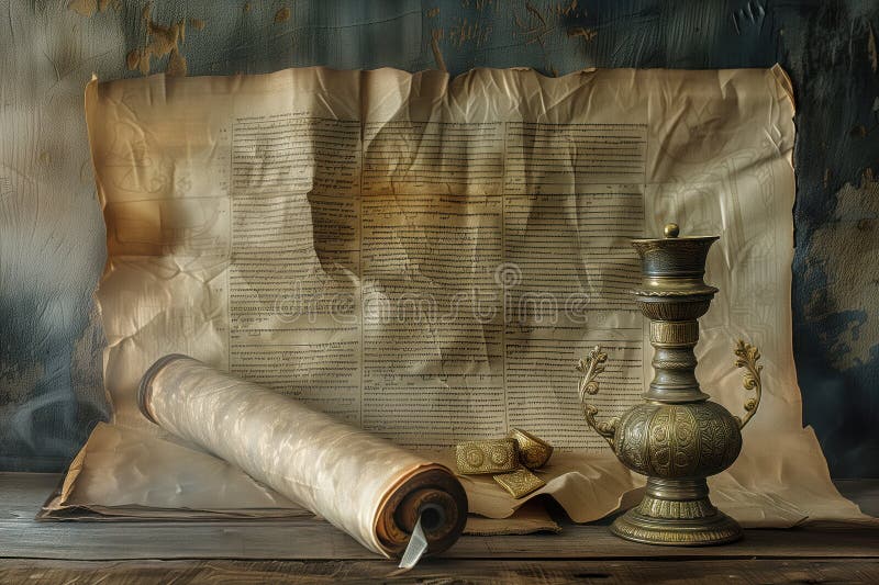 Old Table Showcasing Historical Papyrus Scroll a Ancient Knowledge ...