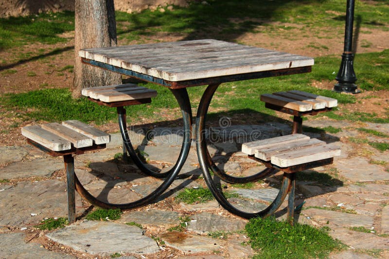 Old Table with Stools in a Public Park Stock Image - Image of objects ...