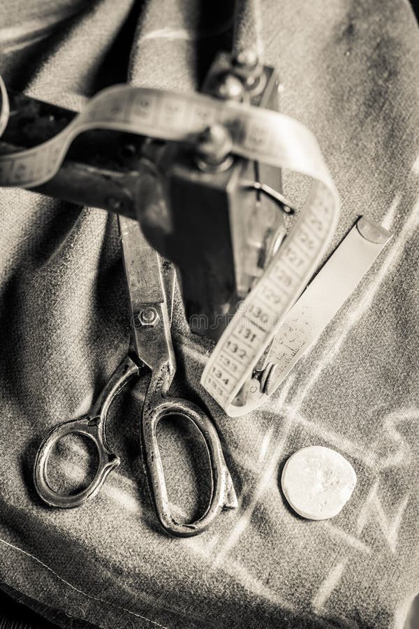 Tailor Machine with Scissors, Cloth and Threads Stock Image - Image of ...