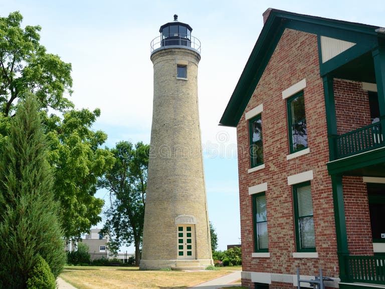 Old Tan Brick Lighthouse and Lightkeeper S House Stock Photo - Image of ...