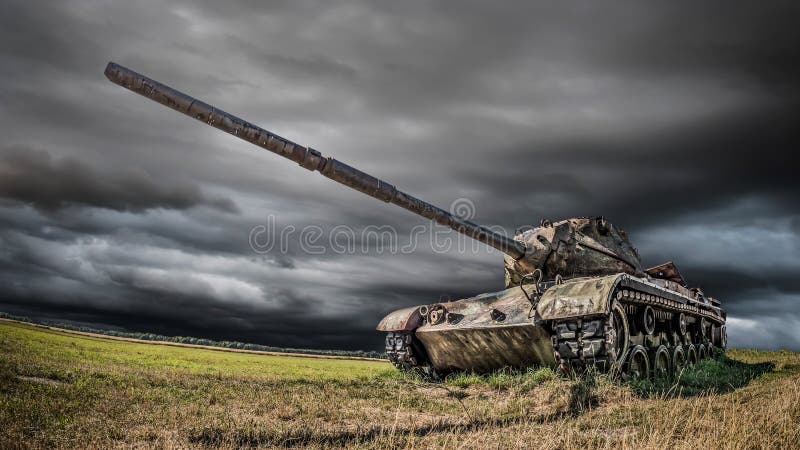 Old Tank with Dark Gray Clouds in the Background Stock Image - Image of ...