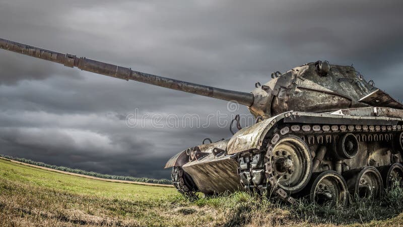 Old Tank with Dark Gray Clouds in the Background Stock Image - Image of ...
