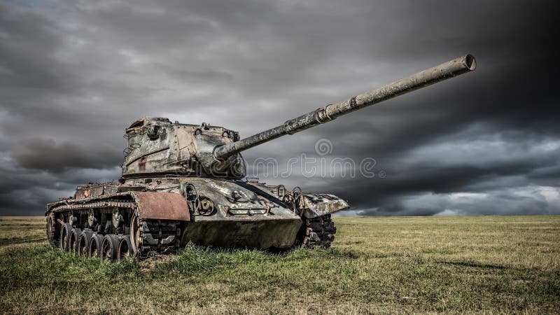 Old Tank with Dark Gray Clouds in the Background Stock Image - Image of ...