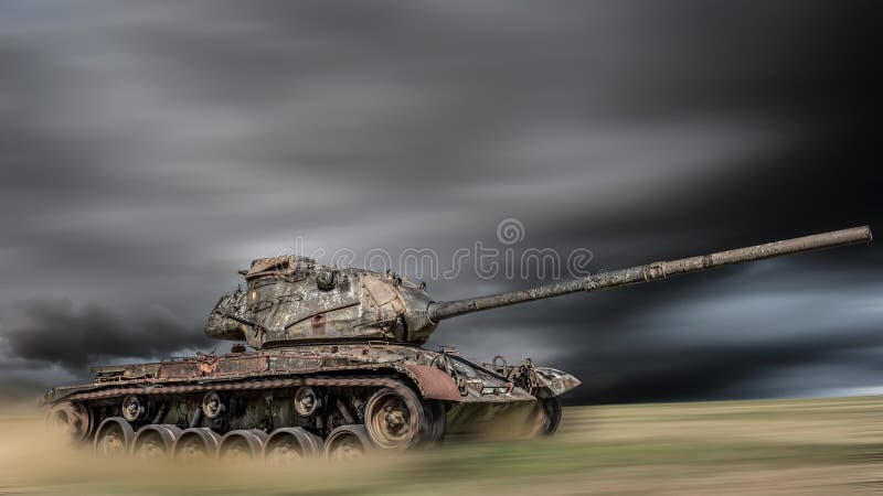 Old Tank with Dark Gray Clouds in the Background Stock Image - Image of ...