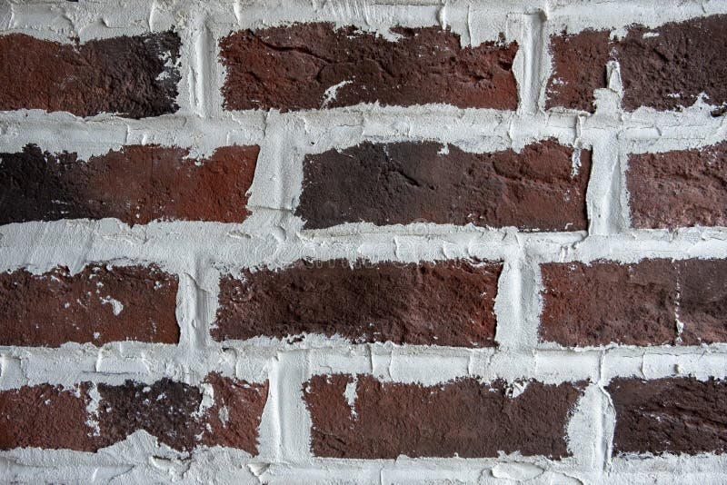 Old Tattered Wall of Dark Red Bricks with Light Thick Cement. Rough ...