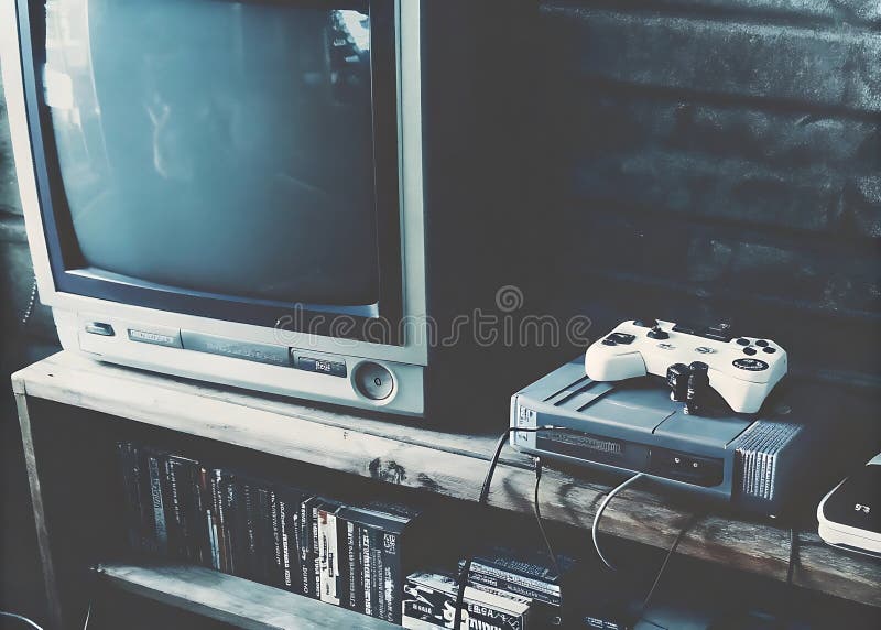 Old Television and Game Console with Controller on a Wooden Shelf ...