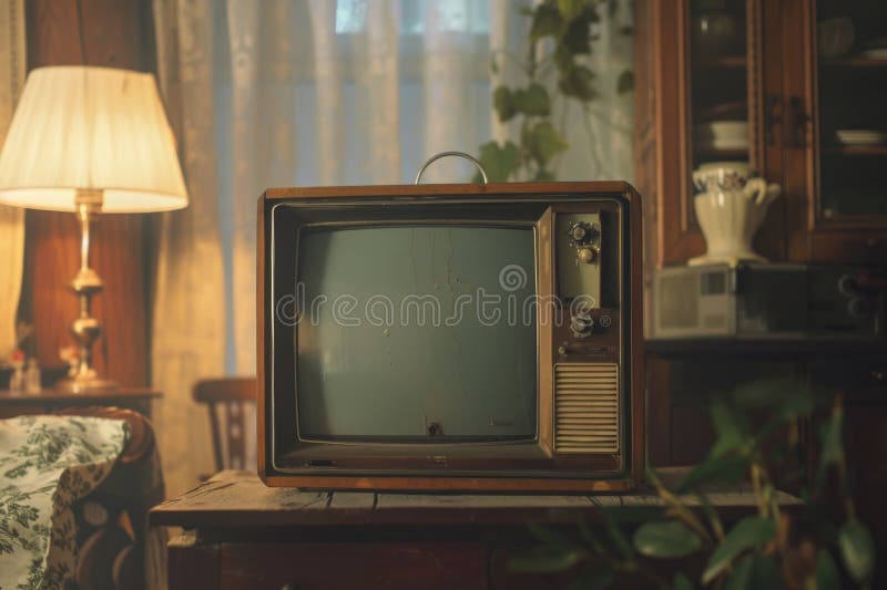 An Old Television Set Sits Atop a Worn Wooden Table, with a Rustic ...